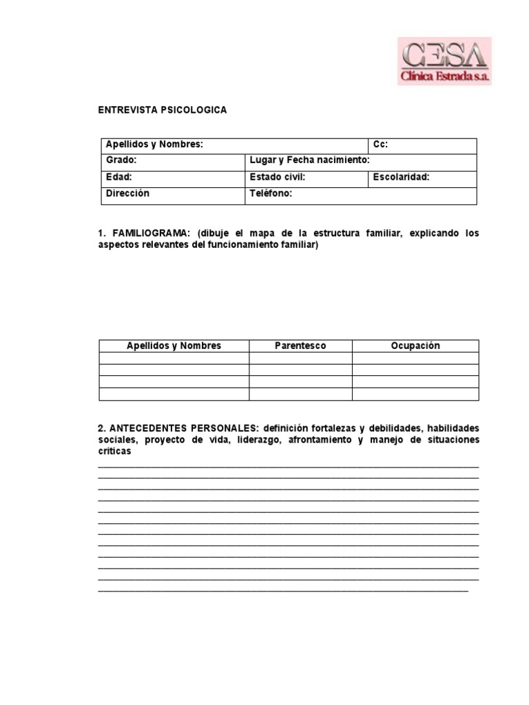 Formato Entrevista Psicologica | PDF | Salud mental | Psicología clínica