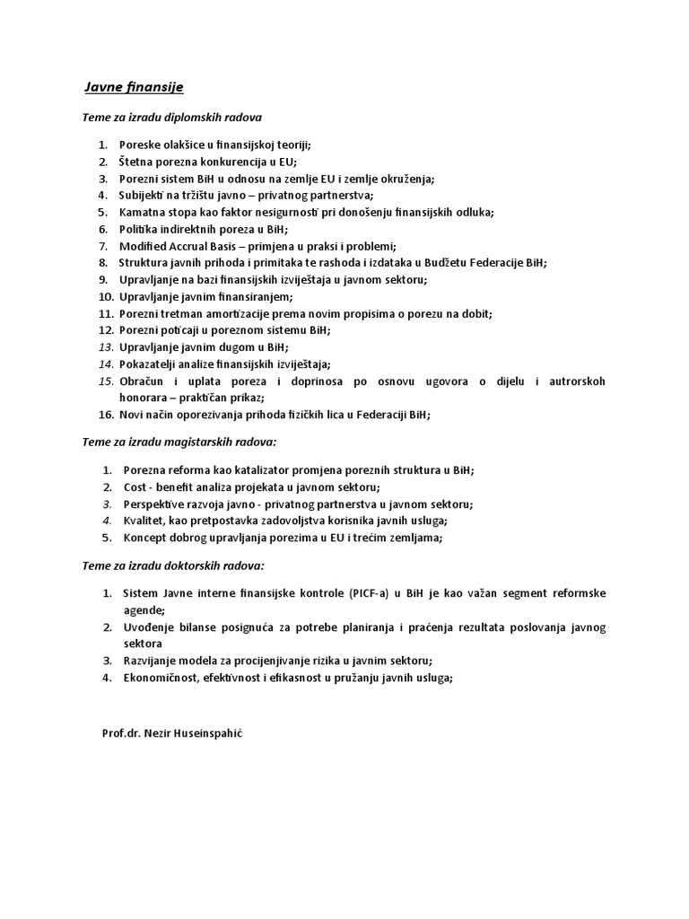 TEME ZA DIPLOMSKE MAGISTARSKE I DOKTORSKE RADOVE-Javne Finansije | PDF