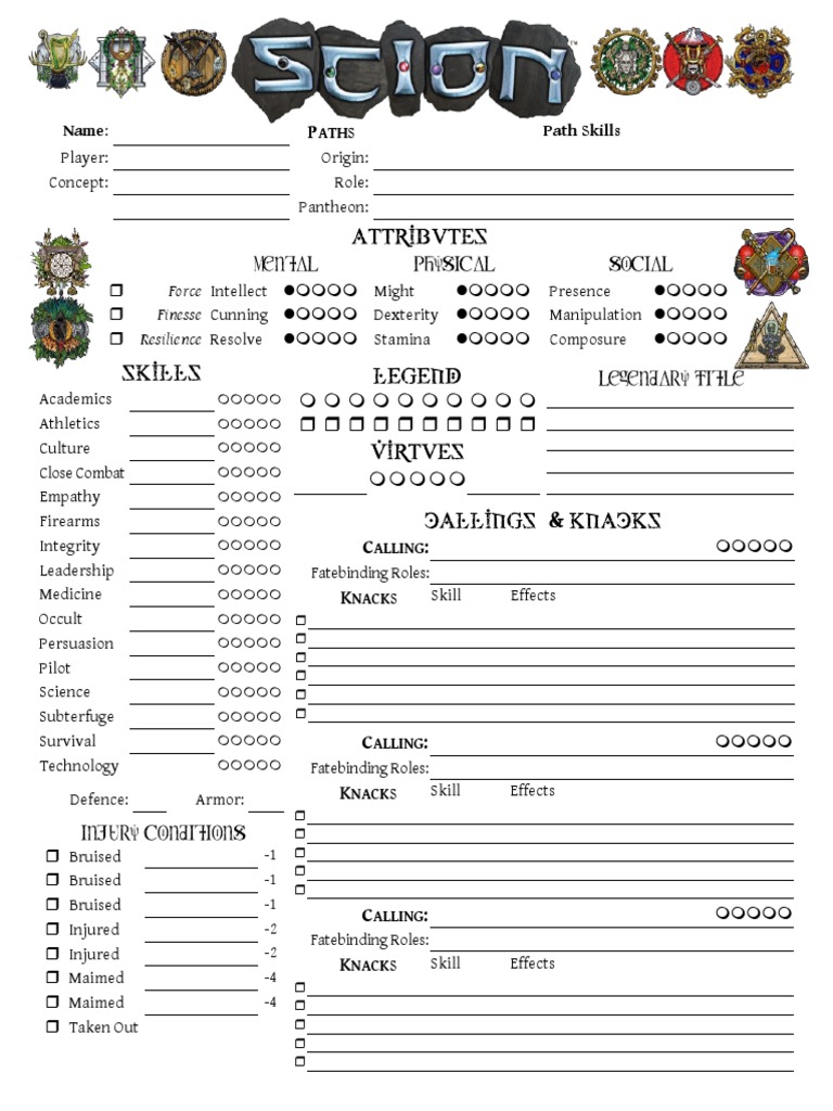 Scion 2e Character Sheet | PDF | Behavioural Sciences | Cognition