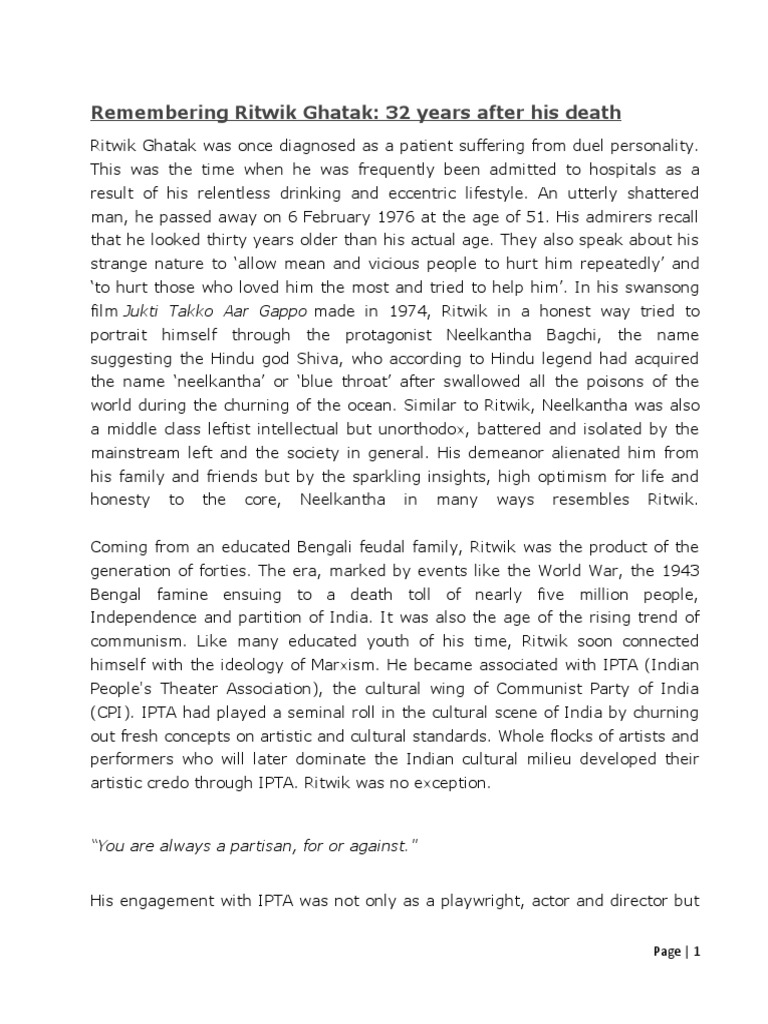 Remembering Ritwik Ghatak: Legacy and Struggles | PDF | Partition Of India