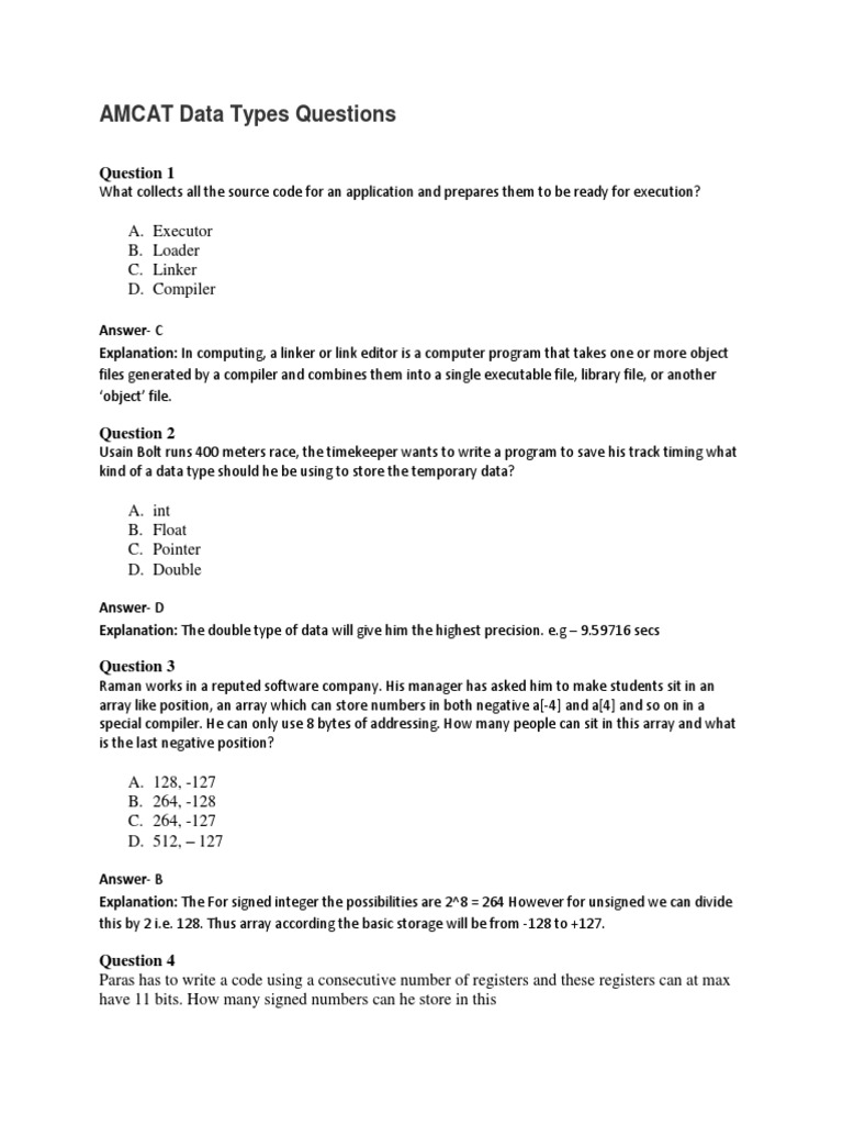 AMCAT Data Types Questions Solution PDF2 | PDF | Data Type | Integer ... AMCAT Data Types Questions Solution PDF2 | PDF | Data Type | Integer ...