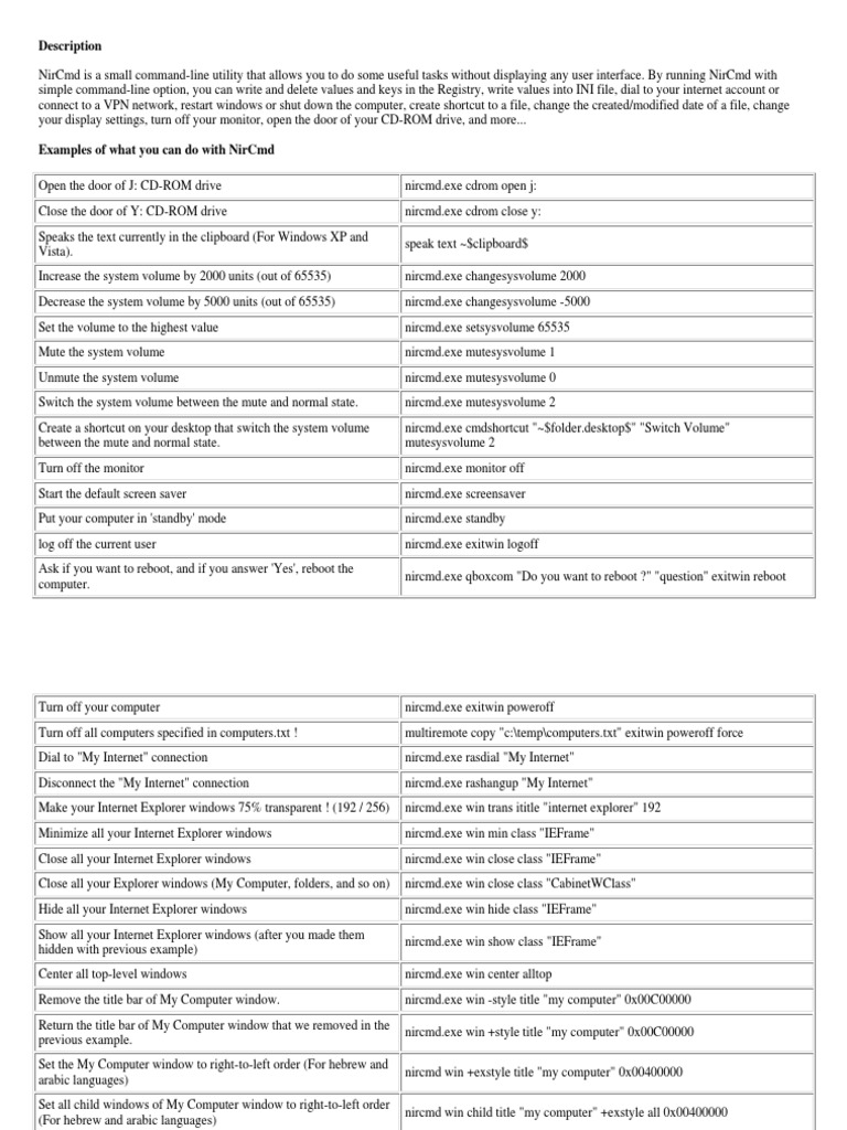 NirCmd Shortcut Functions | PDF | Windows Registry | Command Line Interface