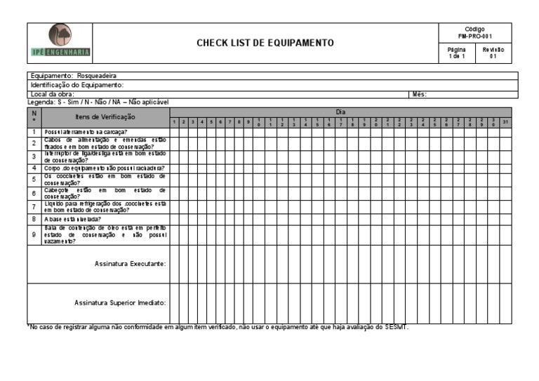 FM-PRO-001 - Check List de Equipamento (Rosqueadeira) | PDF ...