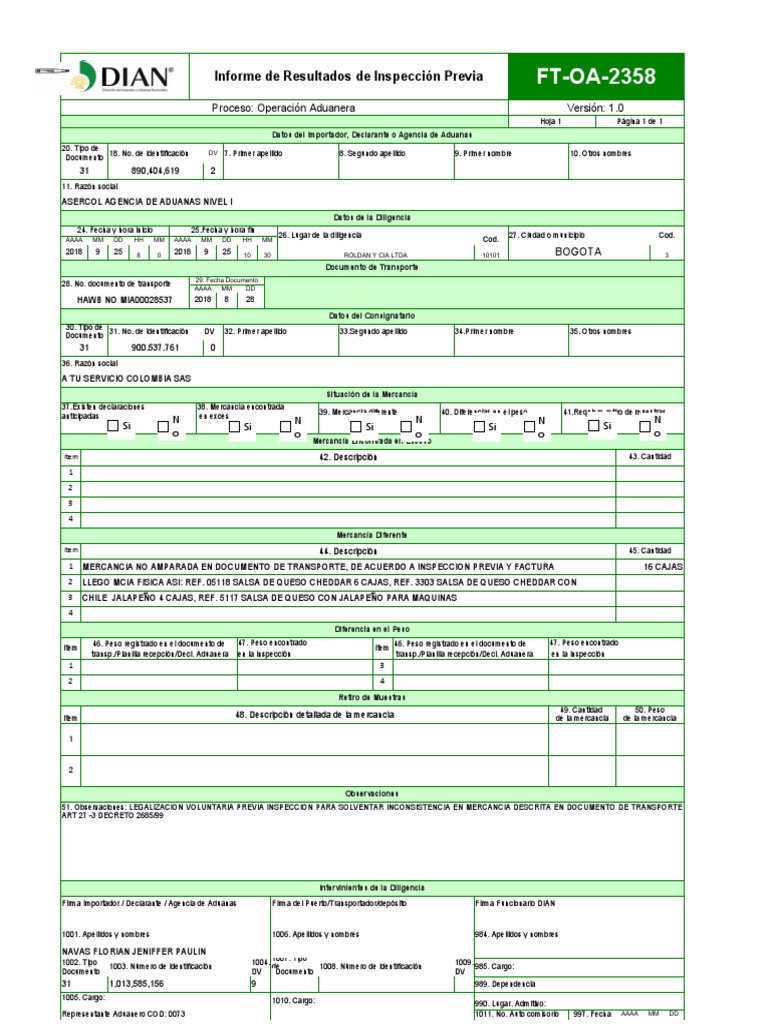 FORMATO INFORME INSPECCION PREVIA DIAN | Comercio | Gestión de la ...