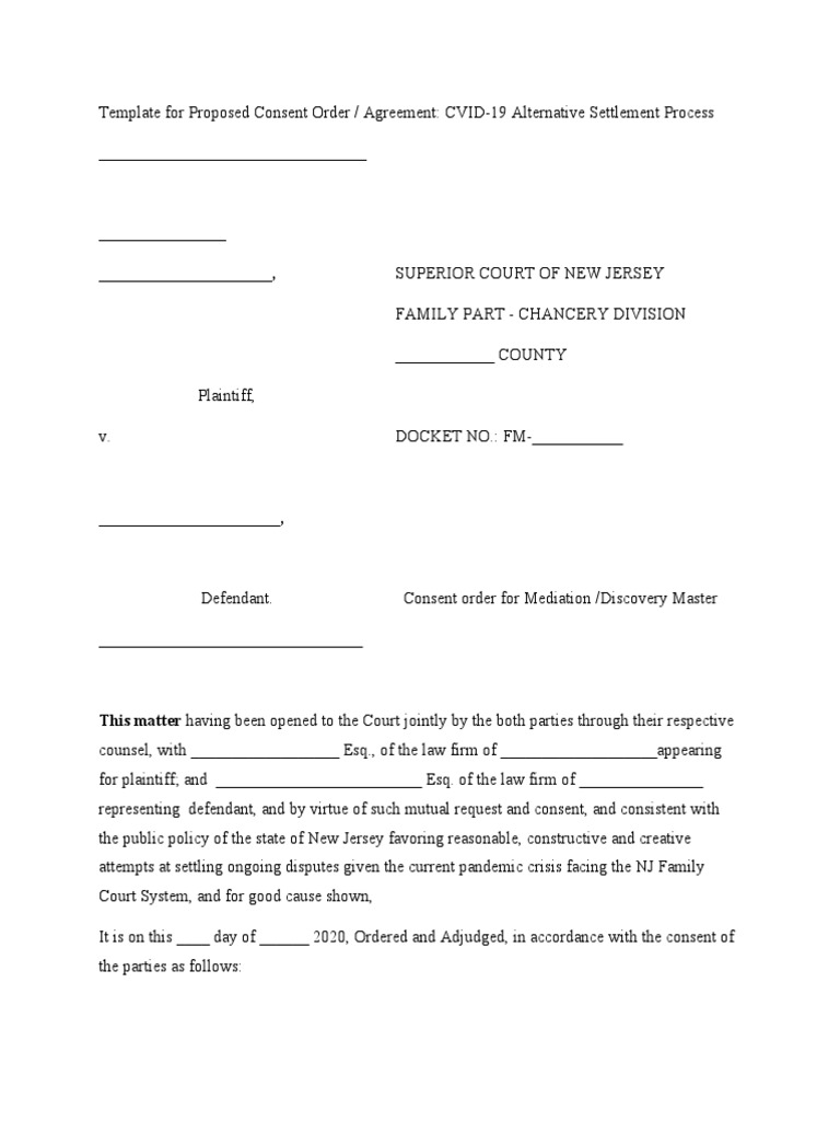 Proposed Consent Order Template NJ | PDF | Mediation | Discovery (Law)