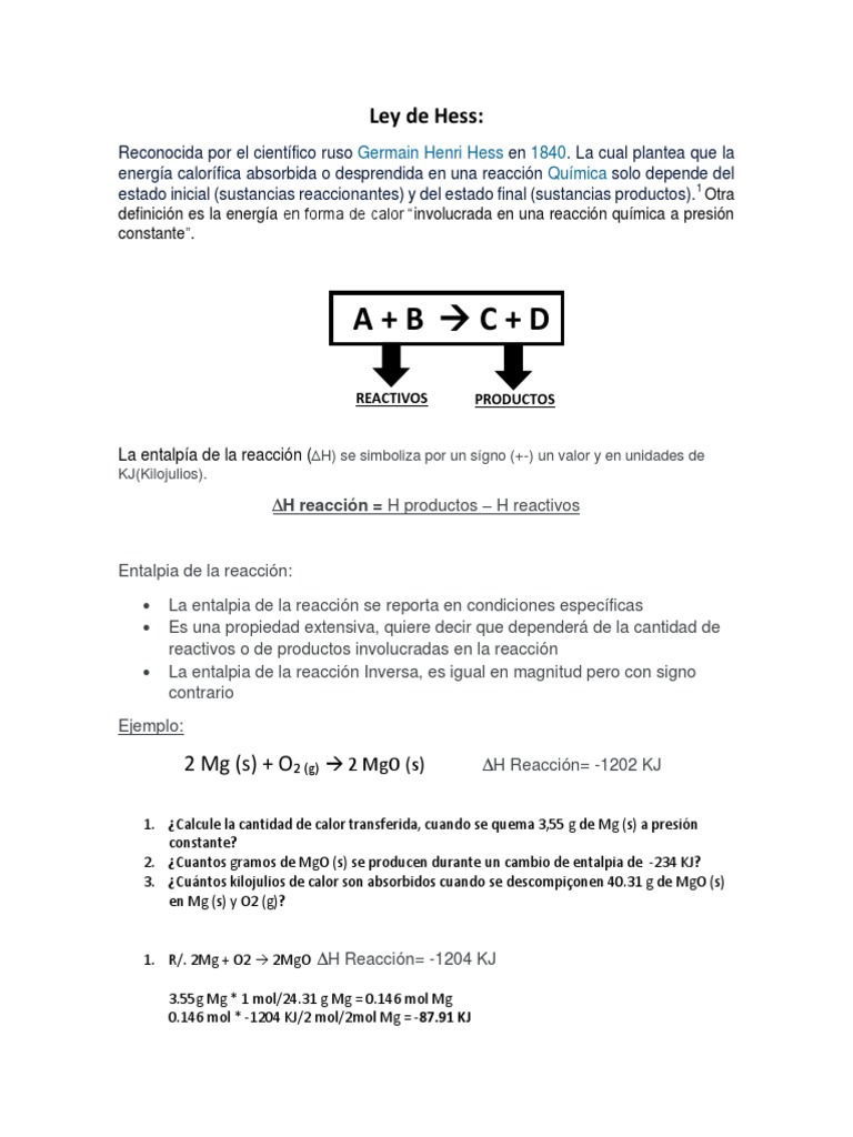 Ley de Hess | PDF | Entalpía | Reacciones químicas