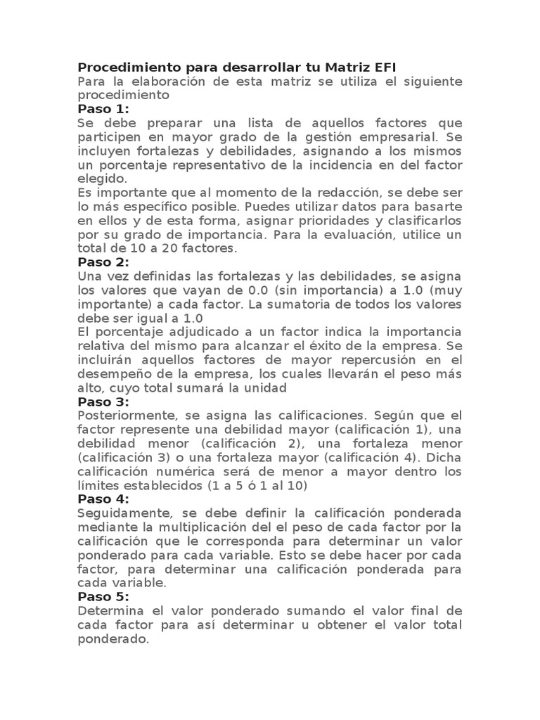 Procedimiento para Desarrollar Tu Matriz EFI | PDF | Matriz ...