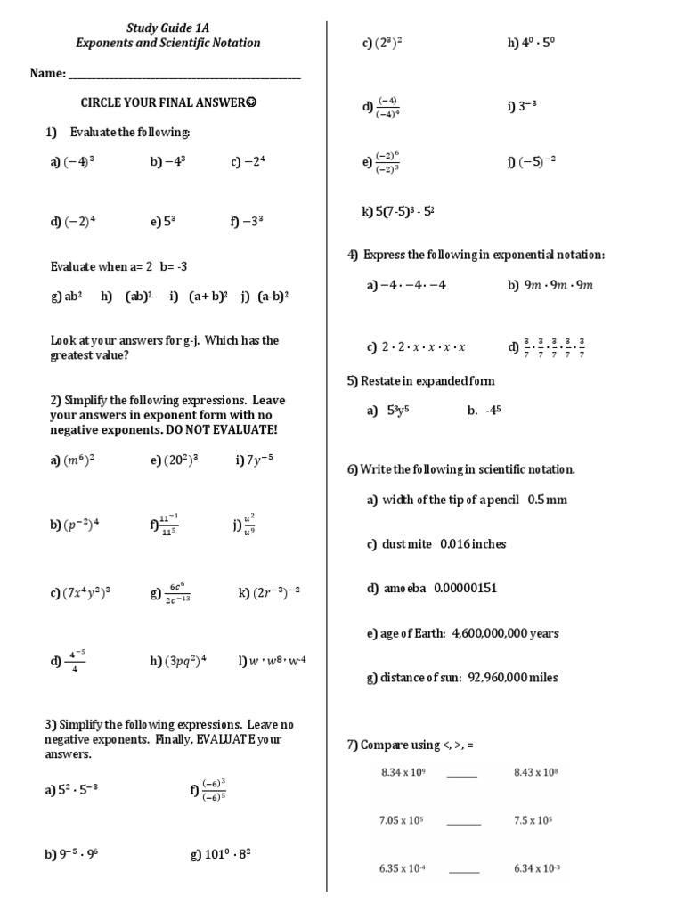 Unit 1 Exponents and Scientific Notation Study Guide + KEY (1) 2 | PDF ...