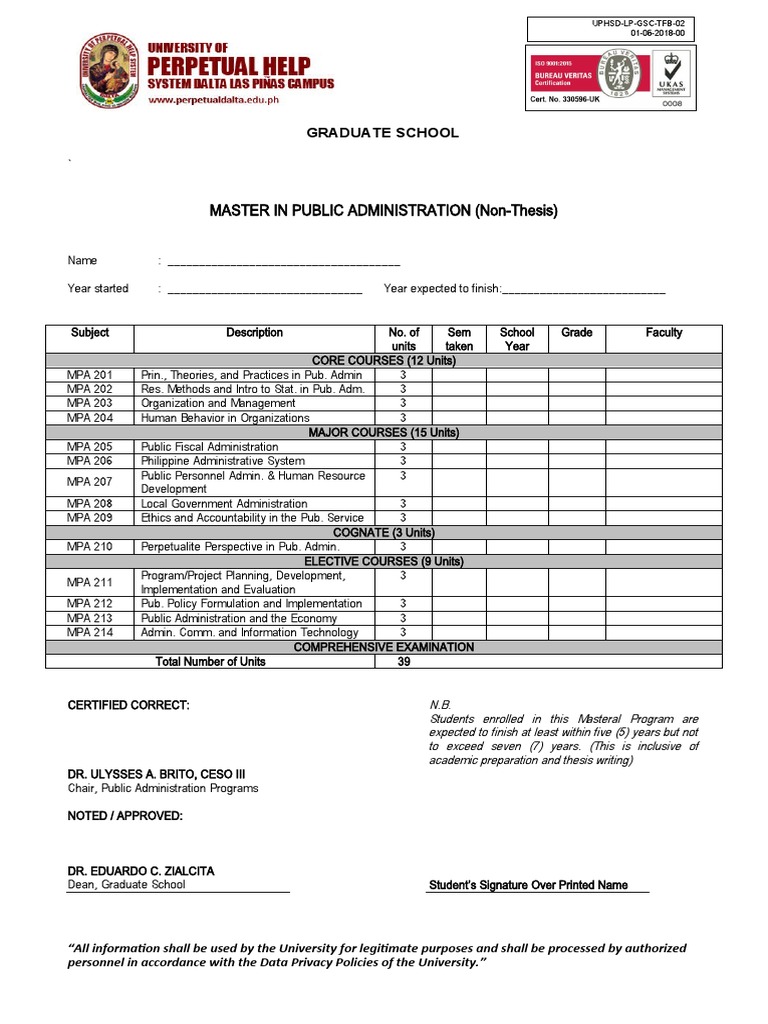 MPA TRACKING FORM (NonThesis) | PDF | Graduate School | Public ...
