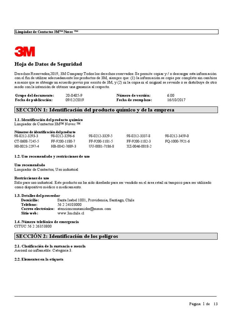 MSDS - 3M Novec PDF | PDF | Mercancías peligrosas | Agua