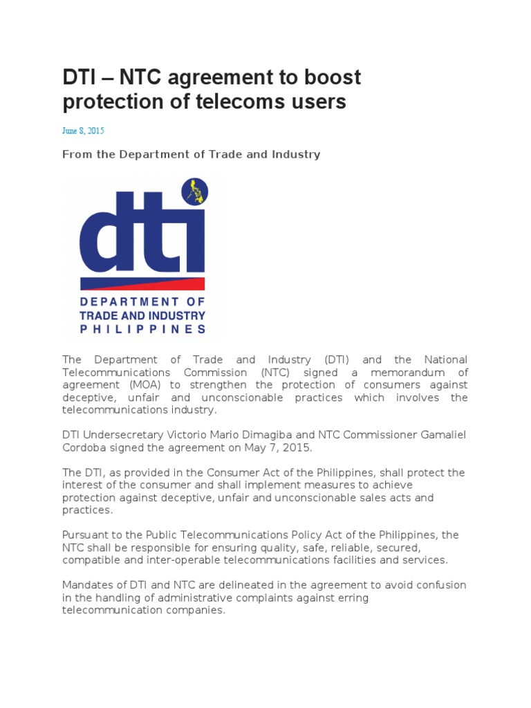 DTI - NTC Agreement To Boost Protection of Telecoms Users | PDF