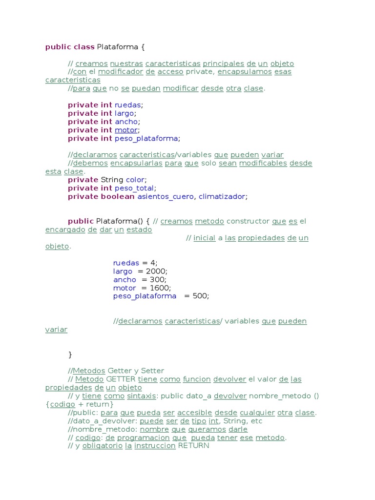 Definición de la clase Plataforma con métodos getters y setters para ...