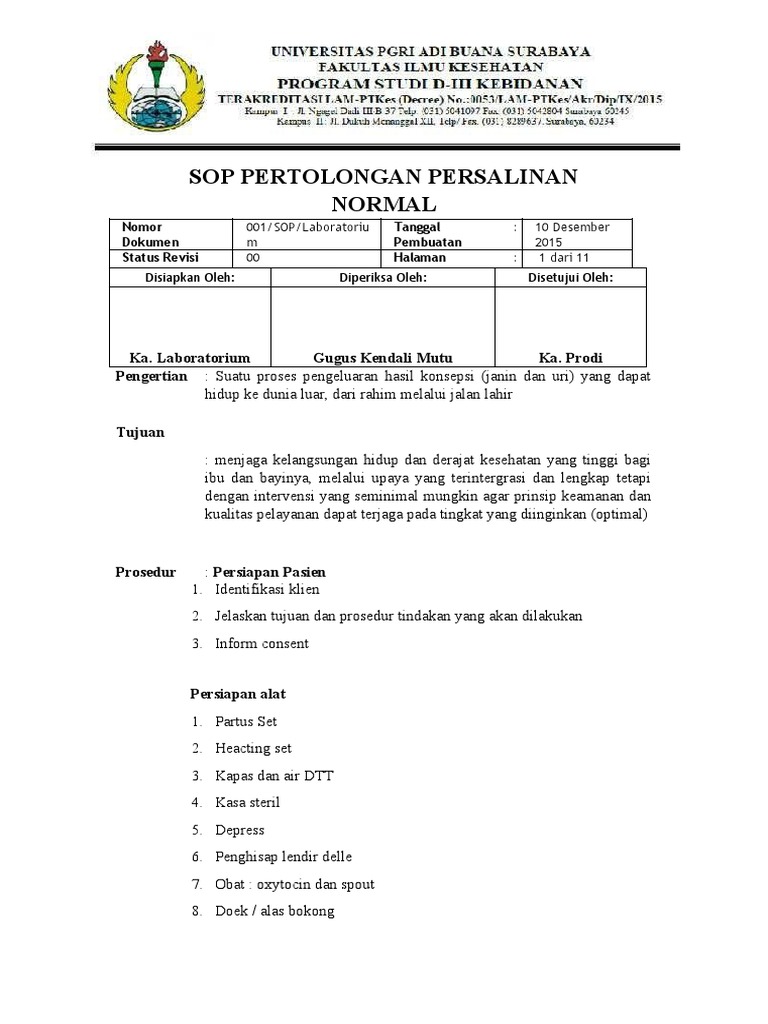 Sop Pertolongan Persalinan Normal | PDF
