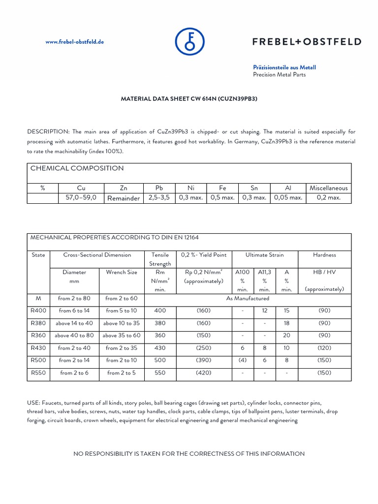 Material Data Sheet CW 614n Cuzn39pb3 | PDF | Tap (Valve) | Mechanical ...
