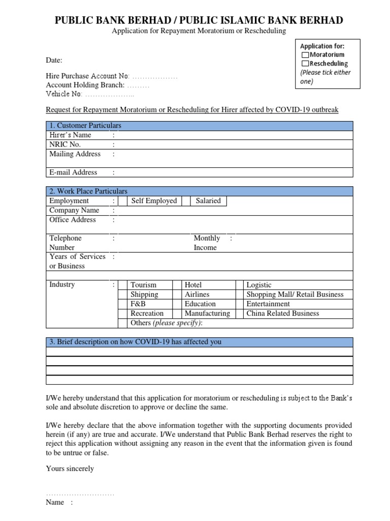 Public Bank Moratorium Application Form | PDF