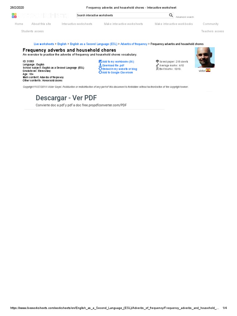 Frequency Adverbs and Household Chores - Interactive Worksheet | PDF ...