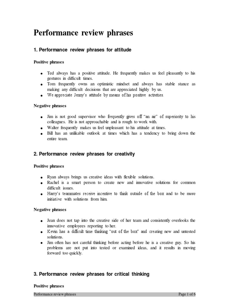 Performance Review Phrases PDF | PDF | Performance Appraisal | Critical ...