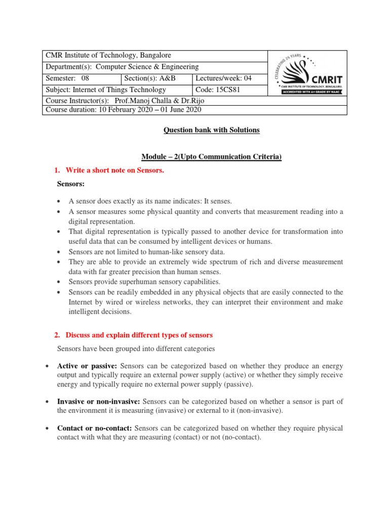 Question Bank Solutions (Module-2-IAT 1) - IOT - 15CS81 | PDF ...