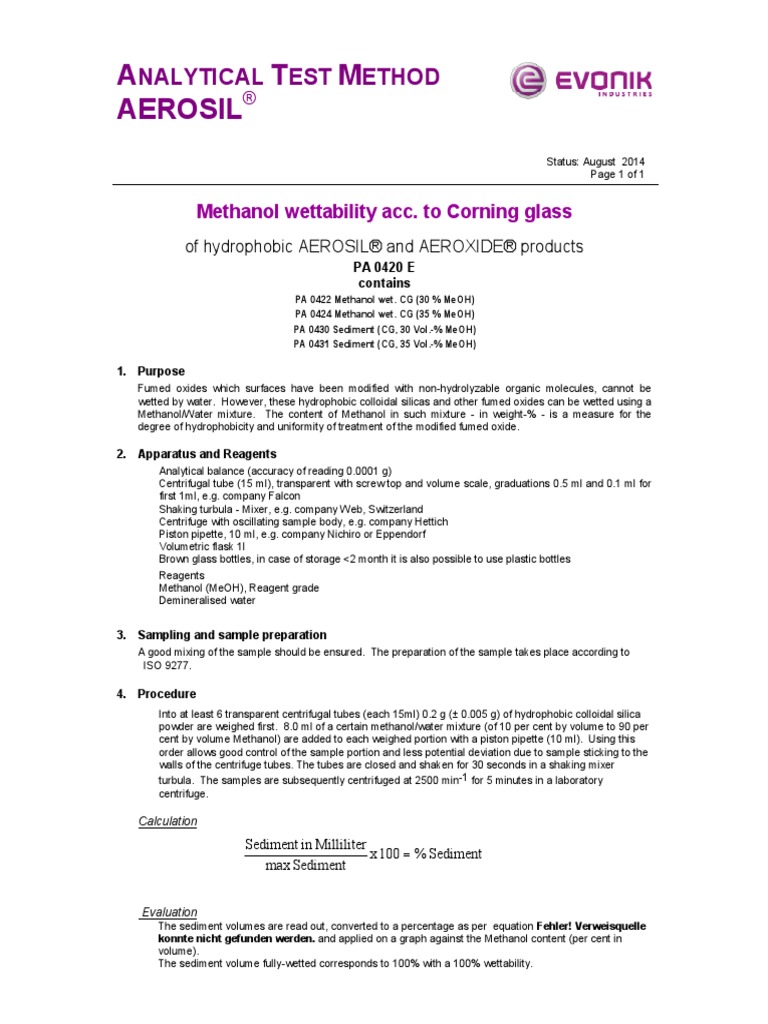 TM Determination of Methanol Wettability of AEROSIL EN | PDF | Wetting ...