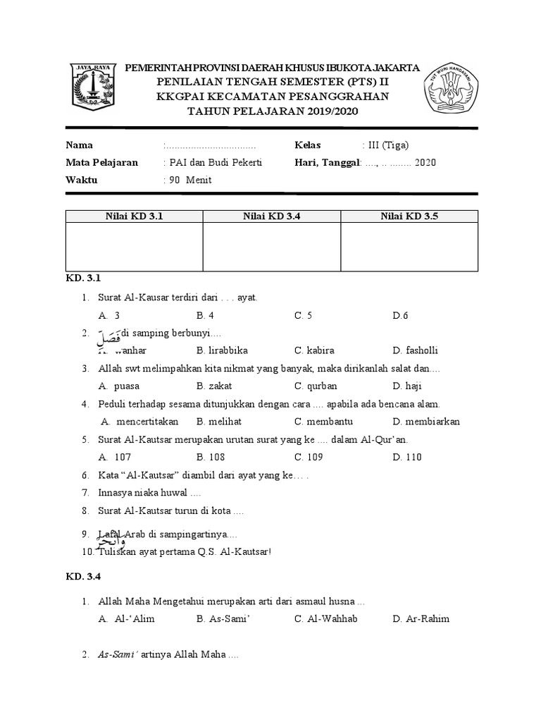 Soal PTS 2 PAI Kelas 3 K13 | PDF | Seni & Disiplin Bahasa | Kajian Bahasa Asing