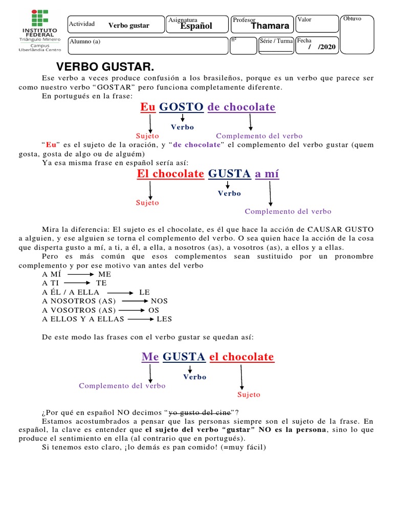 Uso del Verbo Gustar en Español | PDF | Verbo | Asunto (gramática)