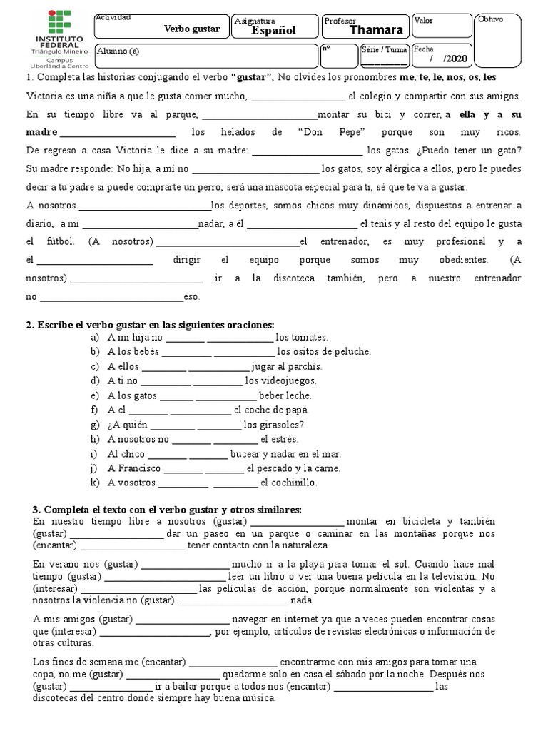 El Verbo Gustar - Ejercícios | PDF