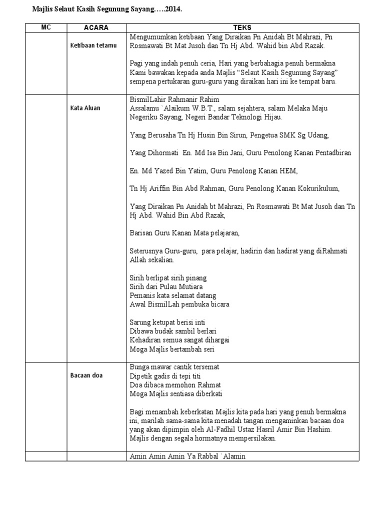 Skrip Pengacara Majlis Selaut Kasih Segunung Sayang | PDF