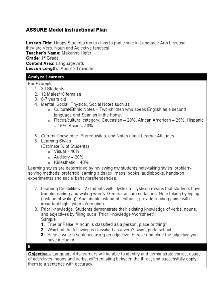 Assure Model Instructional Plan Draft 2 | PDF | Adjective | Verb