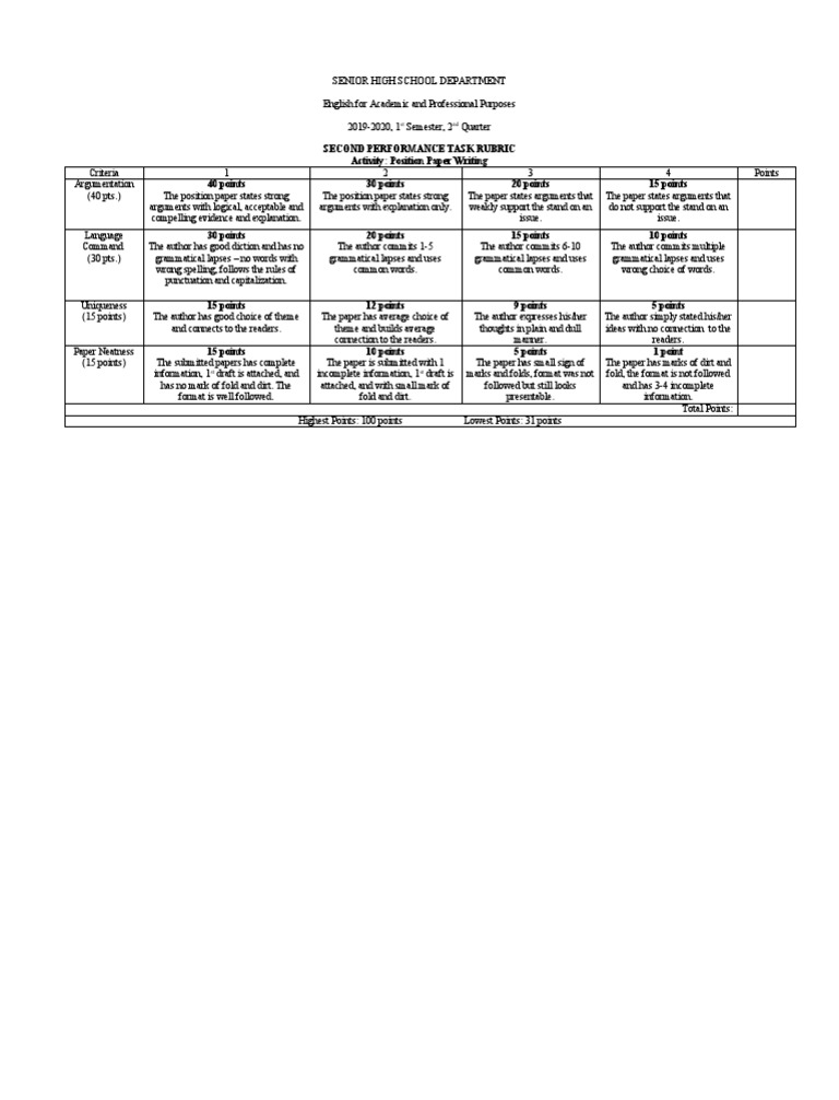 Position Paper Writing Rubric | PDF | Argument | Word