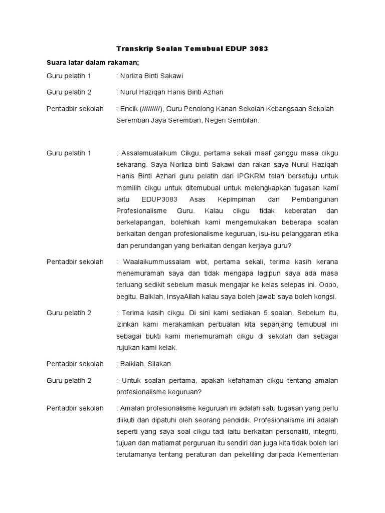 Transkrip Soalan Temubual EDUP 3083 | PDF