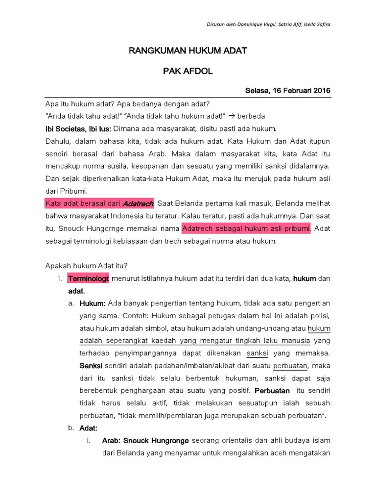 Rangkuman Asas-Asas Hukum Adat Pak Afdol PDF | PDF
