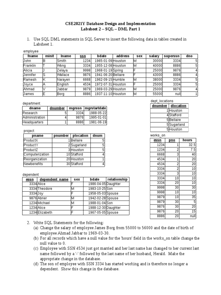 SQL Labsheet 2 - DML Part 1 | PDF | Sql | Information Retrieval