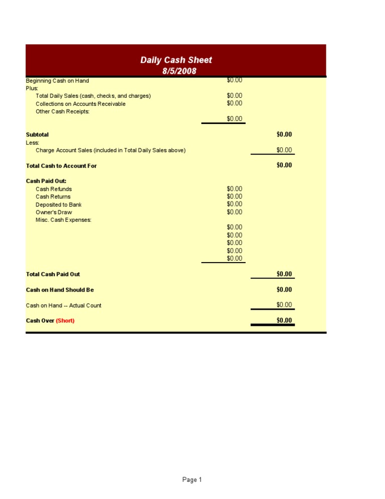 Daily Cash Sheet Template | PDF