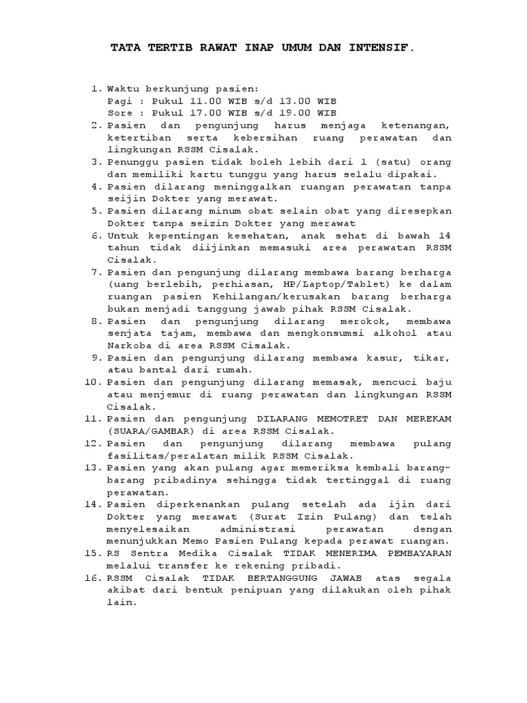 Tata Tertib Rawat Inap Umum Dan Intensif | PDF
