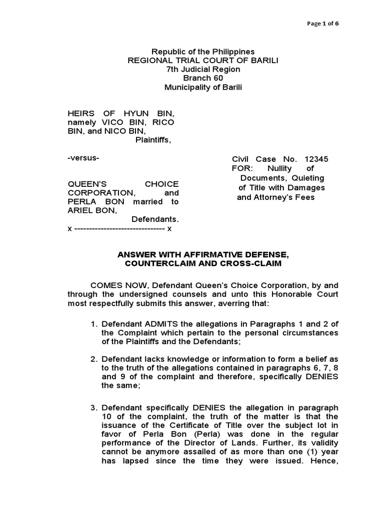 Answer With Affirmative Defense, Counterclaim and Cross-Claim | PDF ...