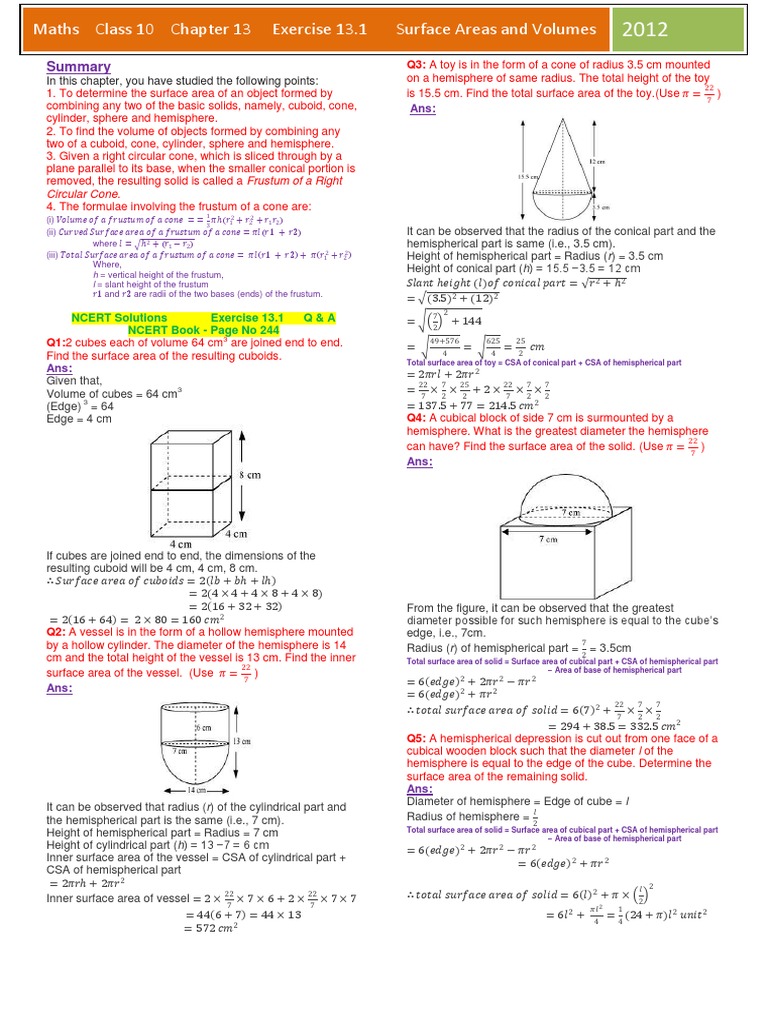 Class 10 Maths: Surface Areas & Volumes | PDF | Sphere | Area