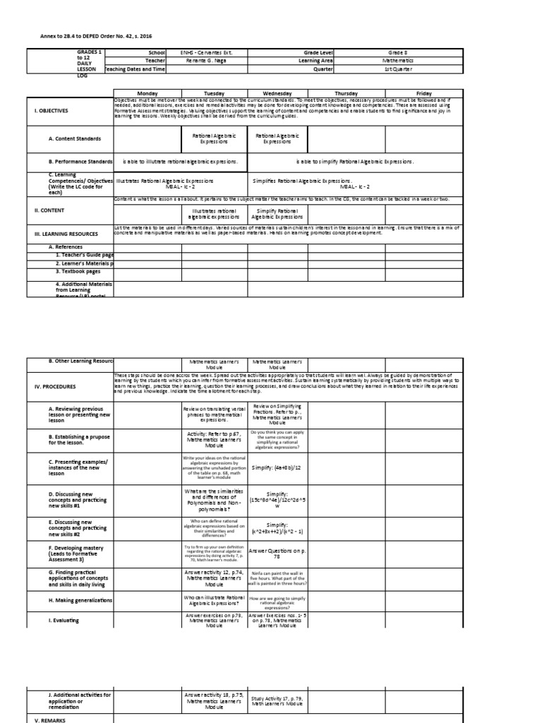 Grade 8 DLL | PDF | Teaching Mathematics | Learning