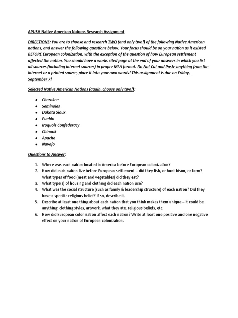 APUSH - Native American Tribes Research Assignment | PDF