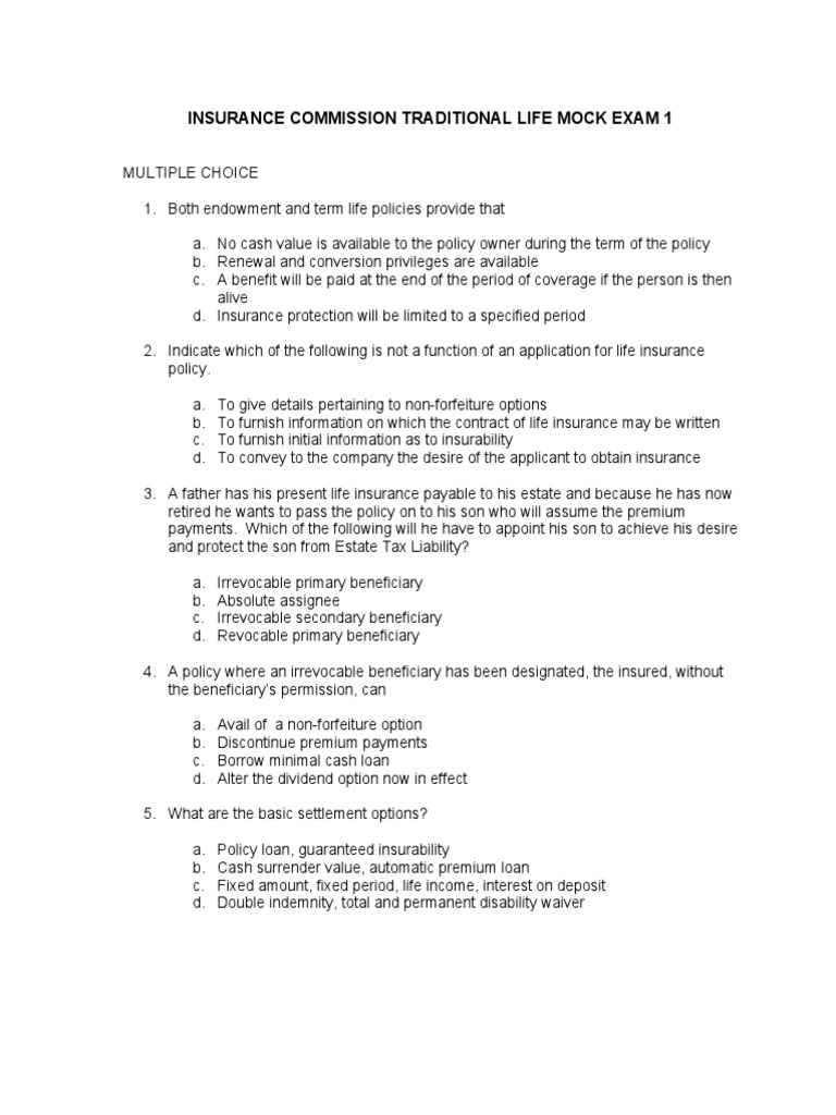 Traditional Life Insurance Mock Exam | PDF | Life Insurance | Insurance