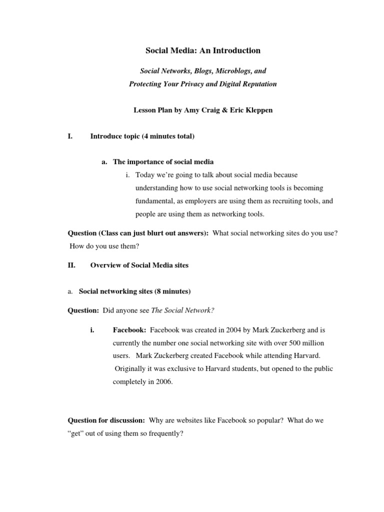 Social Media Lesson Plan | PDF | Social Media | Popular Culture & Media ...