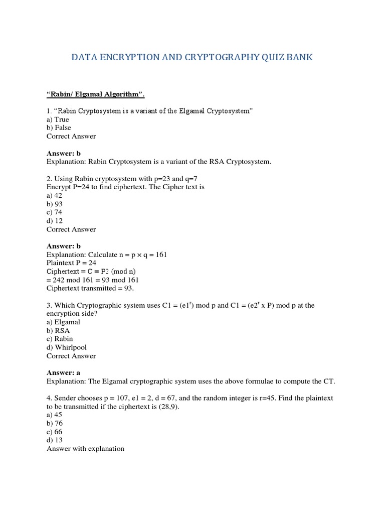 DATA ENCRYPTION AND CRYPTOGRAPHY QUIZ | PDF | Secrecy | Areas Of Computer Science