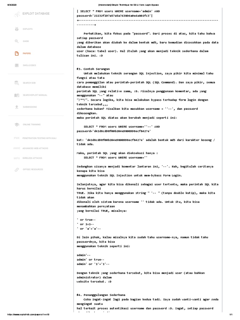 (Indonesian) Simple Technique For SQLi Form Login Bypass | PDF