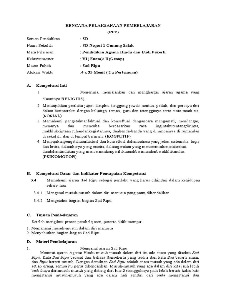 "RPP Sad Ripu Kelas VI SD" | PDF