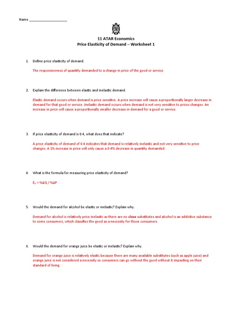 Ped Worksheet 1 Answers | PDF | Price Elasticity Of Demand | Demand
