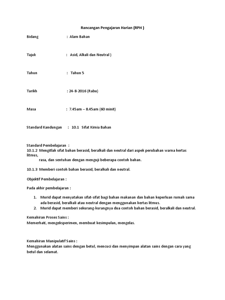 RPH Sains-Asid-dan-Alkali-Tahun-5 | PDF