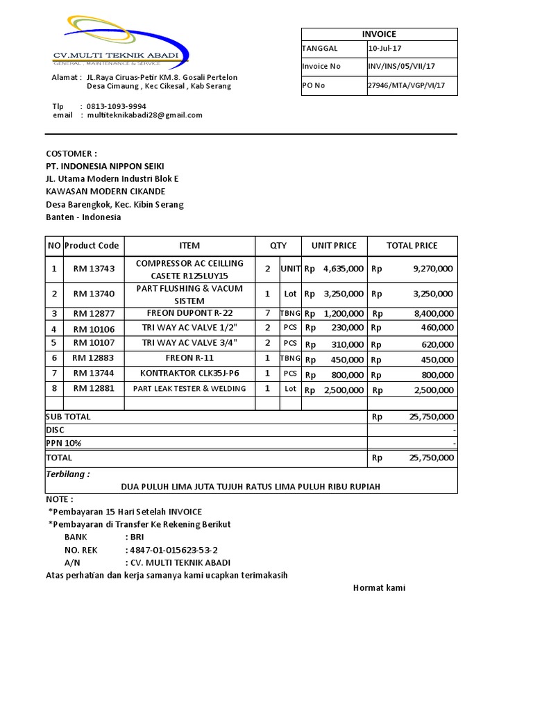 Invoice Jasa AC CV Multi Teknik | PDF