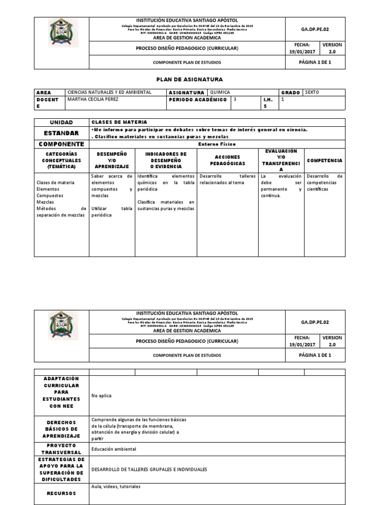 Formato Plan De Asignatura Grado Sexto Quimica Pdf Educación