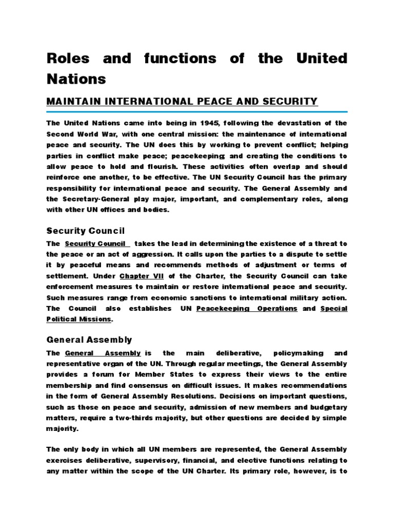 Roles and Functions of The United Nations | PDF | United Nations ...