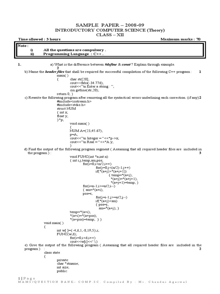 Computer Science Sample Paper 12th 1 Pdf Parameter Computer Programming Array Data Structure