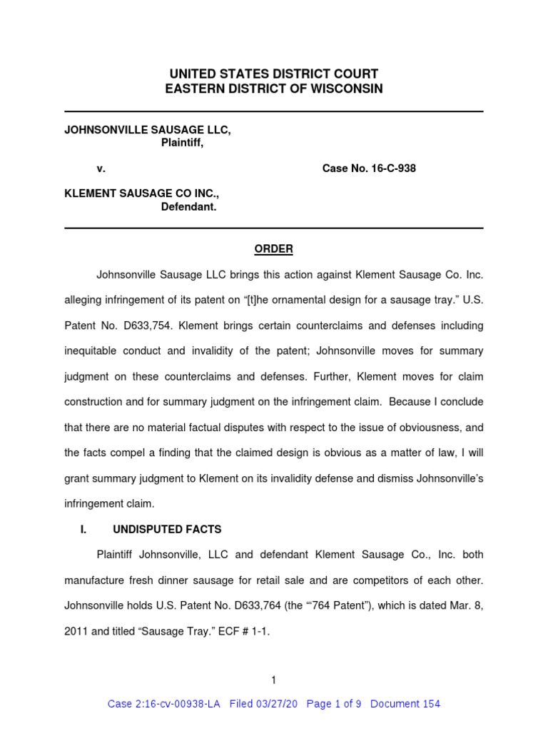 Johnsonville Sausage v. Klement Sausage - Order Granting SJ | PDF ...
